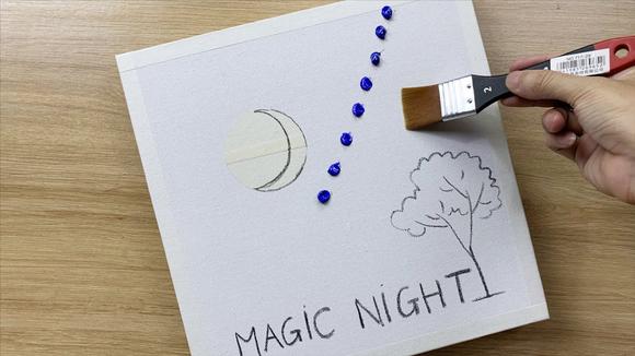 用丙烯颜料和简单的工具,画满月和悬崖边的樱花树,详细绘画教程