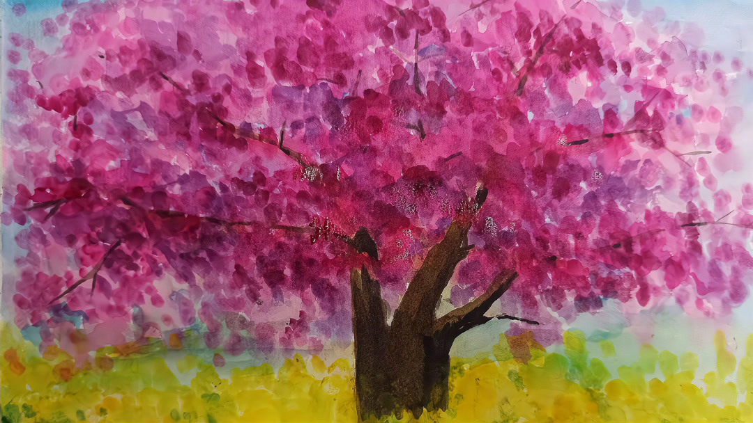 用棉签辅助画一幅简单的梦幻色彩的水彩风景树