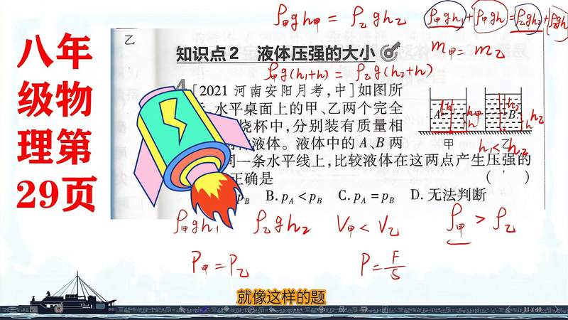 八年级物理:液体压强典型题,需要一定的计算推导能力