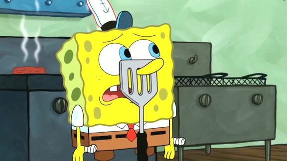 海绵宝宝因手指受伤,结果连煎铲都拿不起来,蟹老板把他解雇了