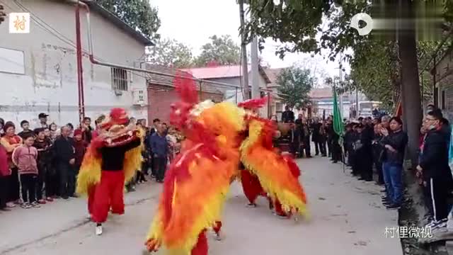 农村土豪请的舞狮队,表演现场众人围观,这样的场面难得一见!