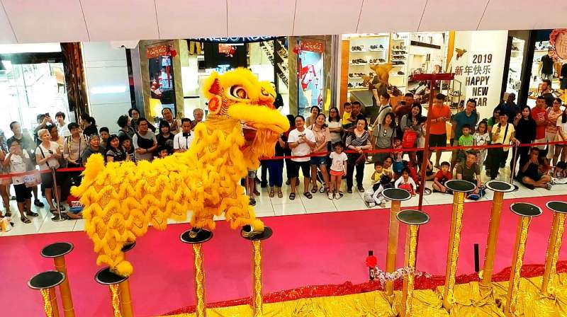 高桩舞狮表演欣赏,商场开业请的专业舞狮队现场演出