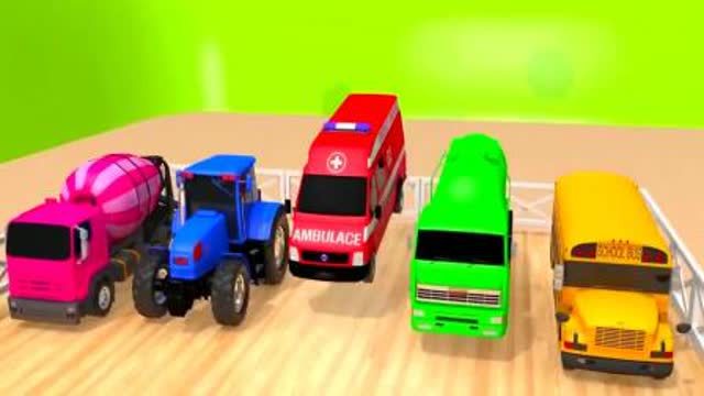 少儿卡通动画 五辆车子摘得了不同颜色的奇趣蛋