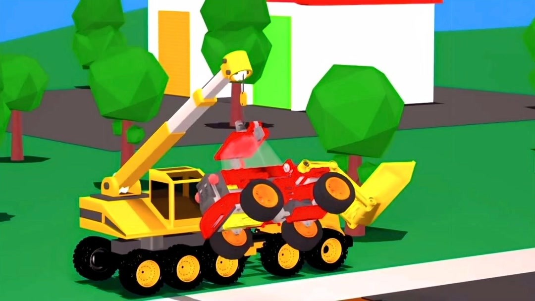 3D卡通工程车吊车益智动画 吊车救助推土机填平道路
