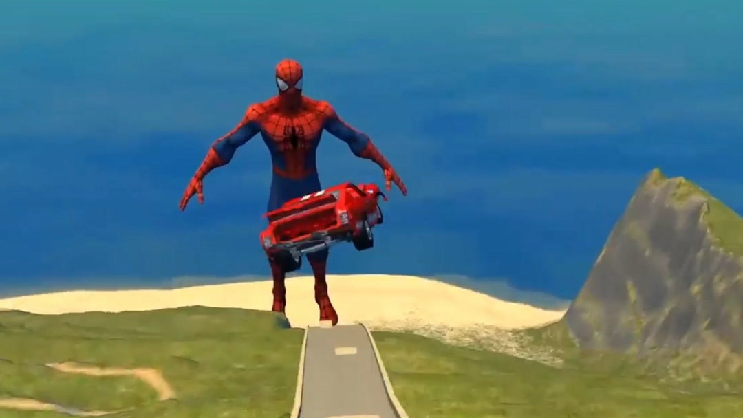 汽车实况模拟 红色跑车下坡飞跃蜘蛛侠