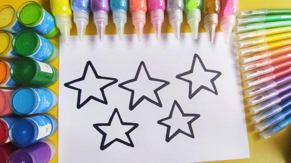 儿童简笔画教程,画五个五角星并且涂色,3-12岁小朋友学画画