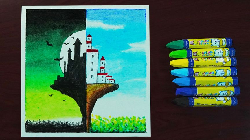 【油画棒】梦幻城堡的黑夜与白天风景画画法,很有创意的小壁画!