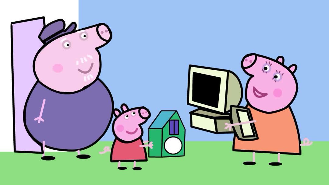 小猪佩奇简笔画教程,猪妈妈给猪爷爷送不用的电脑过来,儿童绘画