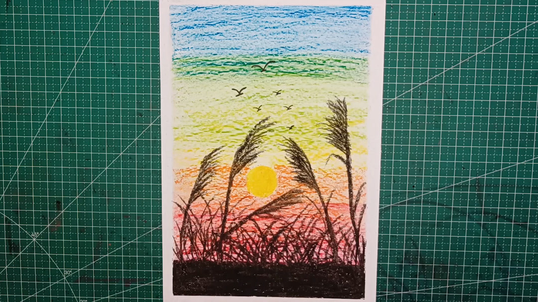 油画棒画斜阳西下,芦苇,太阳下山,大雁,创意儿童画来画一画