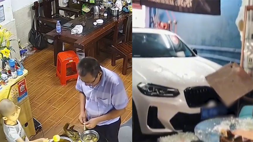 司机误踩油门撞进店内,屋内吃饭二人经历惊魂一刻,实习二字亮了
