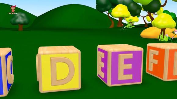 标着英文字母的积木箱子摆放到一起,唱英文儿歌学习认识字母