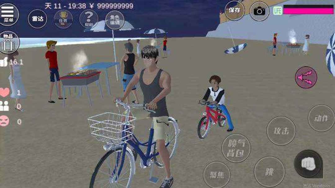 樱花校园模拟器:带着儿子骑单车去海边参加烧烤晚会,还想着泡妞