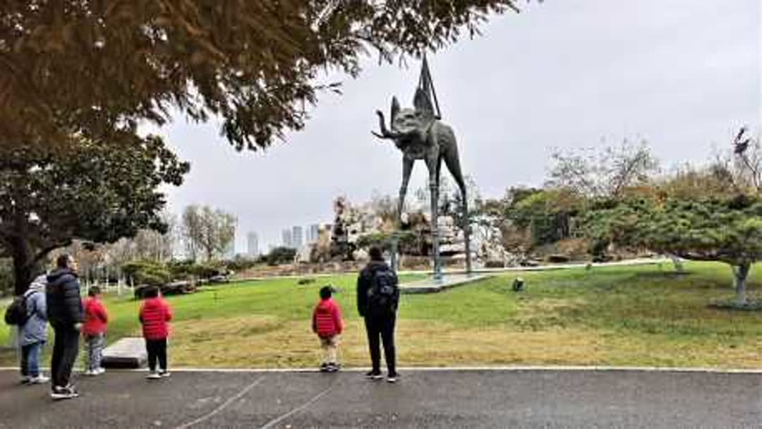 雕塑公园里,雨后秋冷人稀少,他们是勇敢的游园人