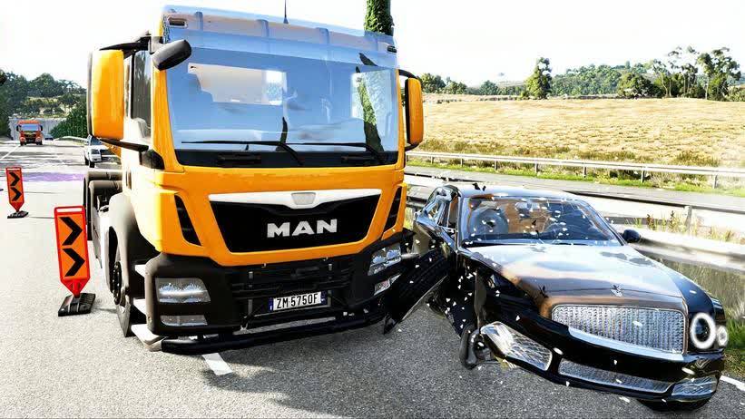 开宾利的强行从水泥搅拌车身边超车,拟真卡车撞车事故,BeamNG