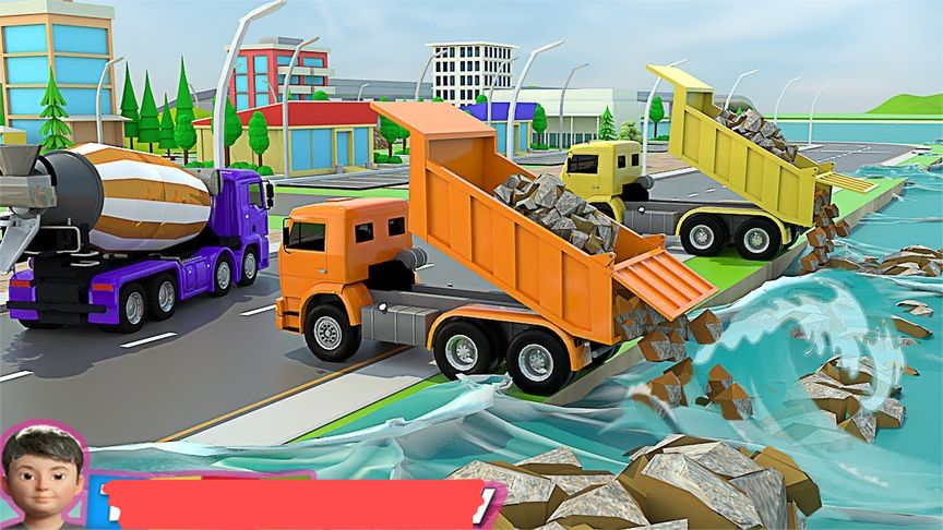 挖掘机工程车队修建新的河堤 自卸车 水泥搅拌车工程车动画片大全