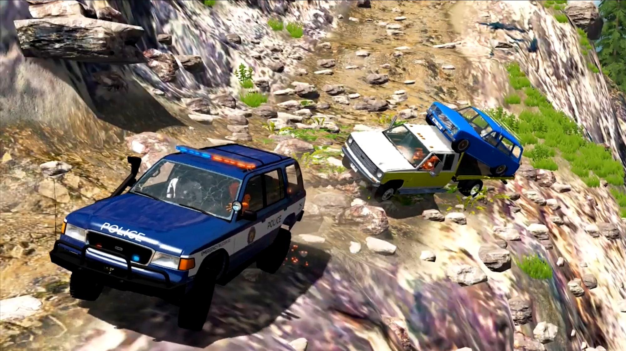 BeamNG:皮卡车在悬崖边发生故障,警车来帮忙,模拟高速撞车
