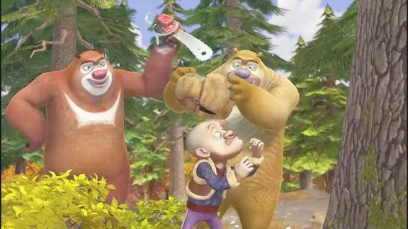 光头强正要砍树,熊大熊二突然出现,把他的电锯给扔了