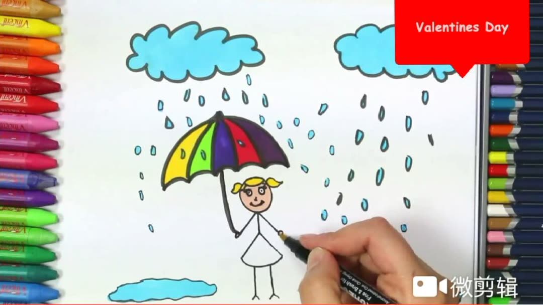 【泡芙姐妹学画画】撑着雨伞漫步的小女孩 趣味简笔画 色彩认知