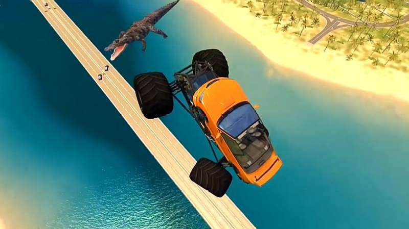 BeamNG:爆改小跑车开足马力飞跃冲向超大鳄鱼,拟真车祸模拟