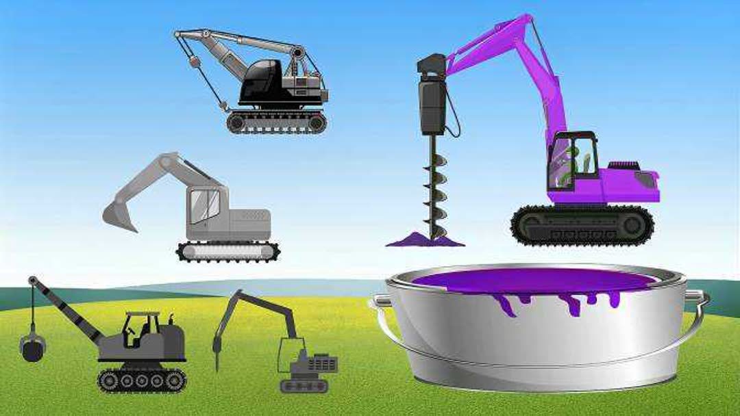 工程车颜色动画:螺旋钻机,破碎机,挖掘机