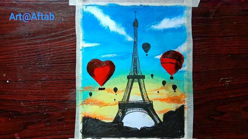 初学者可学的蜡笔绘画视频,绘制美丽的艾菲尔铁塔日落风景