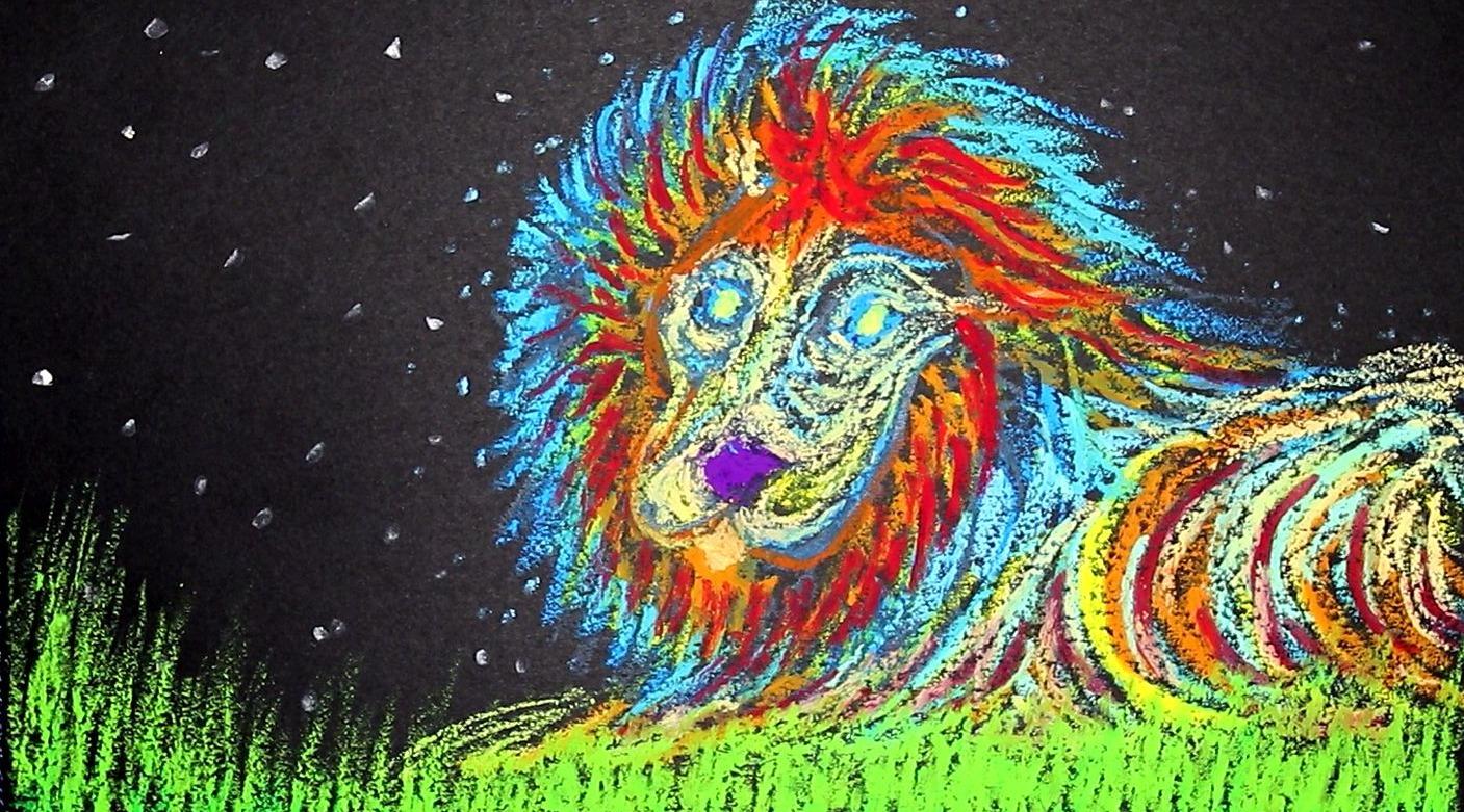 教小朋友用黑卡纸和油画棒画出星空下的狮子王,高鳍红剑作品