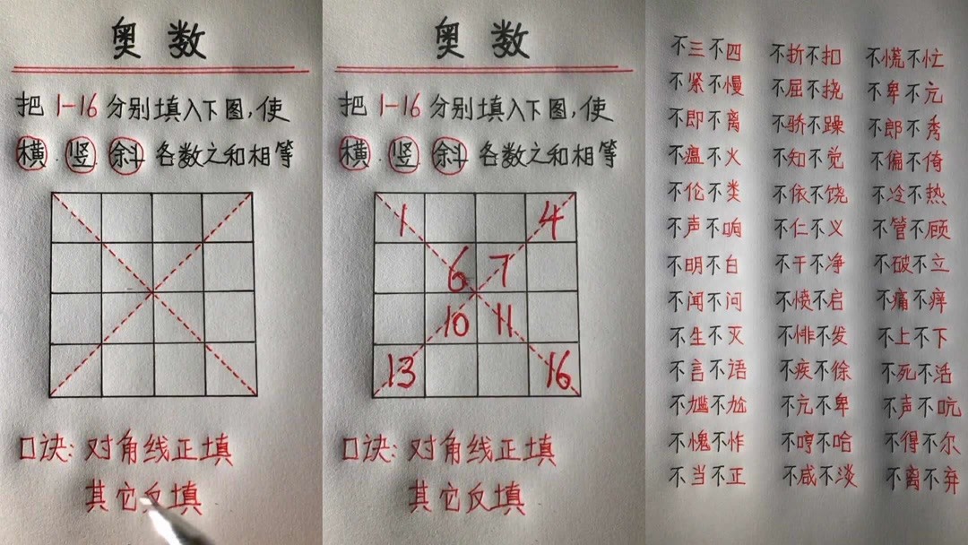 思维拓展:填数字游戏,横竖斜各数之和相等,记住口诀,一下搞定