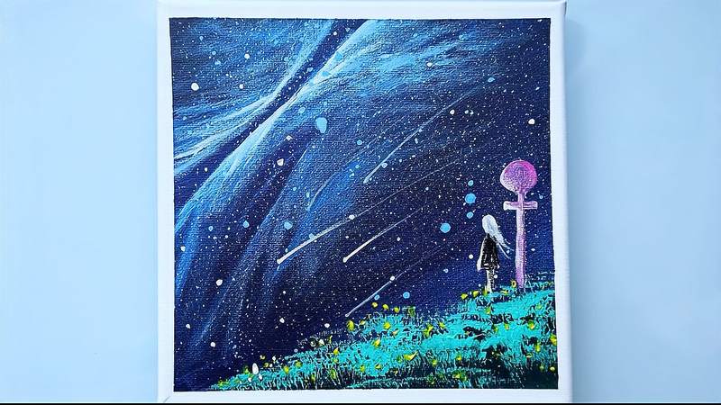 简单唯美星空风景画/初学者学习绘画入门教程/丙烯画