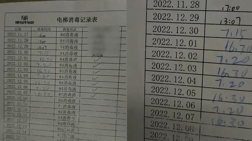电梯消毒表格"穿越"提前5天填完?业主质疑被糊弄,物业回应
