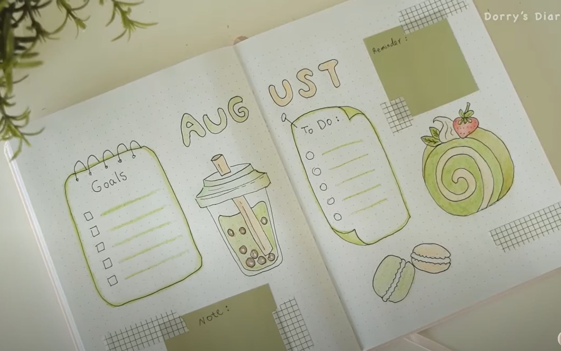 Dorry's Diary-8月创意手绘抹茶蛋糕奶茶目标设定BUJO手账设置-...