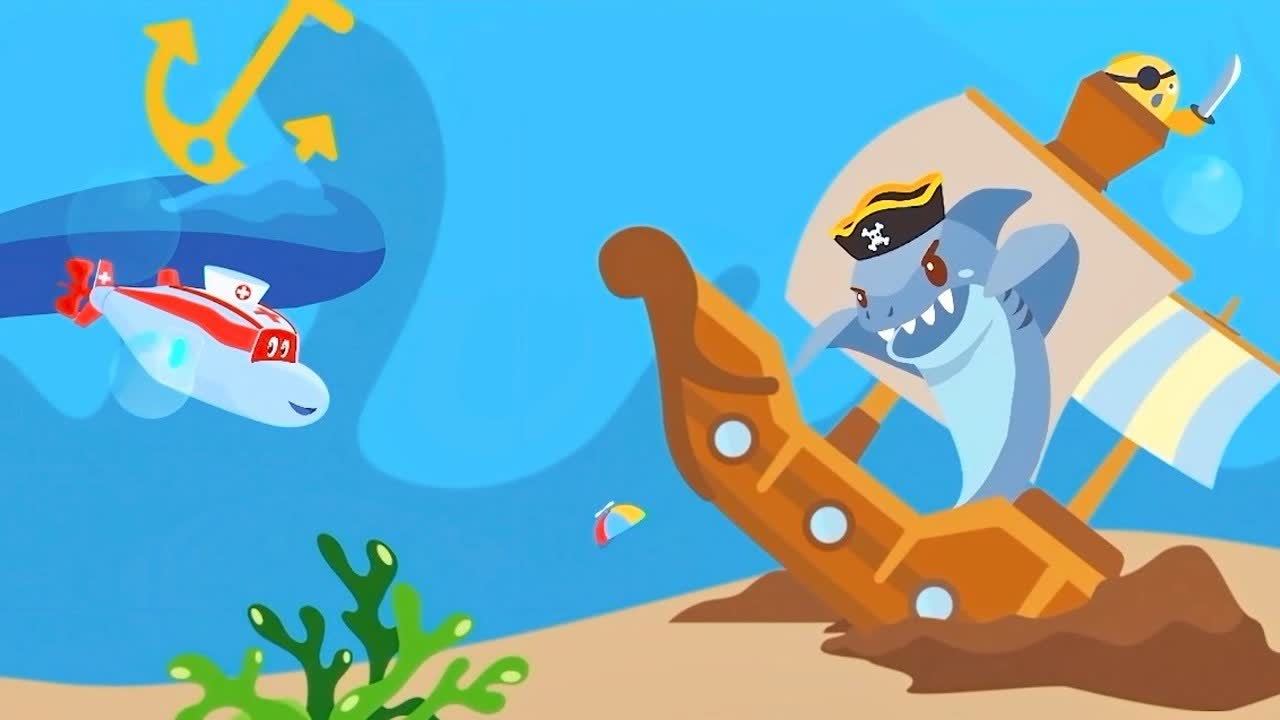 超级卡车卡尔13,卡尔变身潜水艇在海底畅游,遇到藏在沉船的海盗