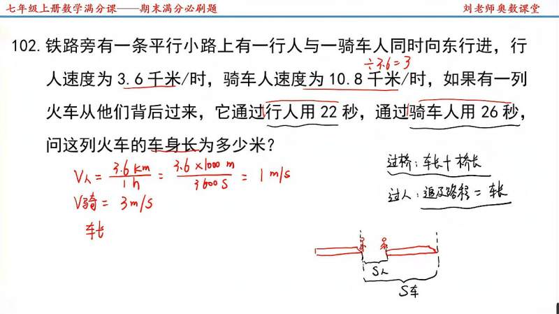 七年级上册数学:期末满分题102,火车与人的追及问题,画图分析