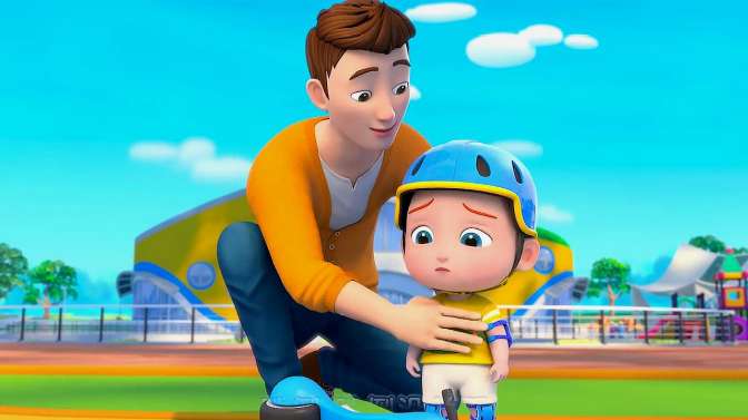 超级宝贝jojo动画片,弟弟骑车摔跤了,爸爸急忙将他扶起来