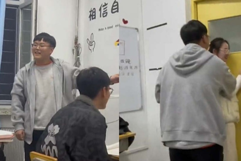 男生模仿老师上课,动作神韵拿捏到位,还把老师赶出了门