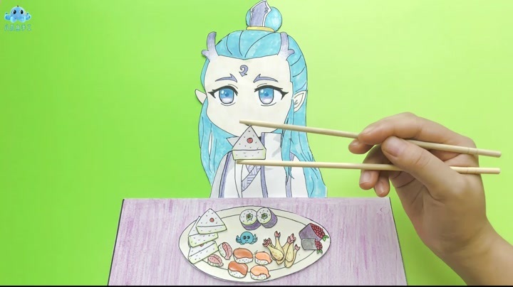 定格动画:龙三太子敖丙直播吃寿司,满满一大盘好美味儿