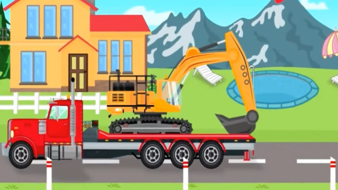 儿童挖掘机视频动画 宝宝巴士工程车 挖掘机建造泳池
