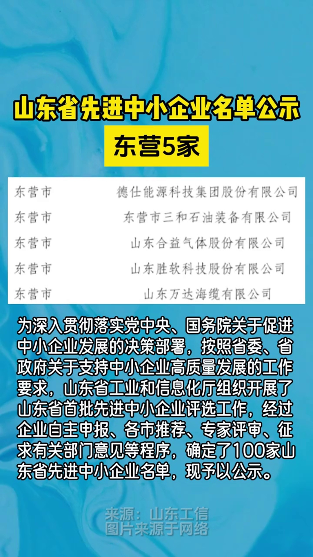 山东省先进中小企业名单公示!东营5家