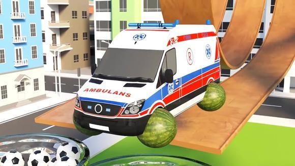 幼儿益智动画,楼顶车库的警车救护车消防车滑滑梯换足球水果轮胎