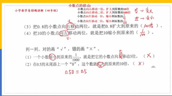 四年级易错题,移动小数点引起小数大小的变化,好多娃做错了。