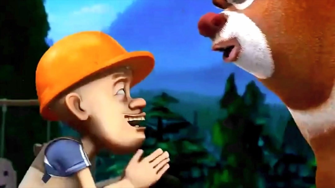 熊出没之过年:光头强在熊大玩耍的面具上涂上胶水,真是太坏了