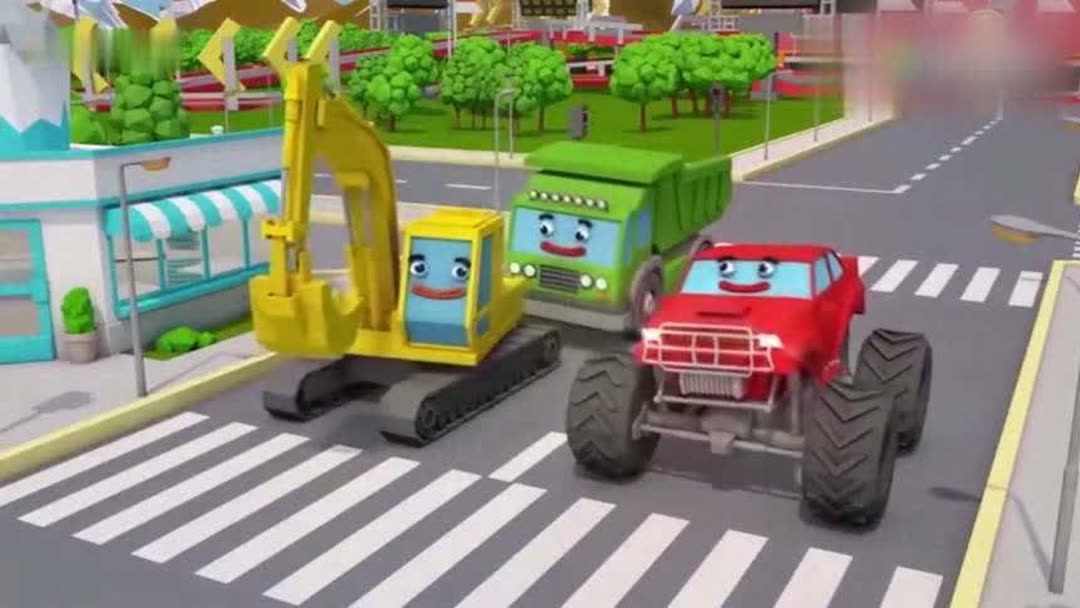 挖掘机 小汽车 吉普车过马路认识红绿灯的动画片