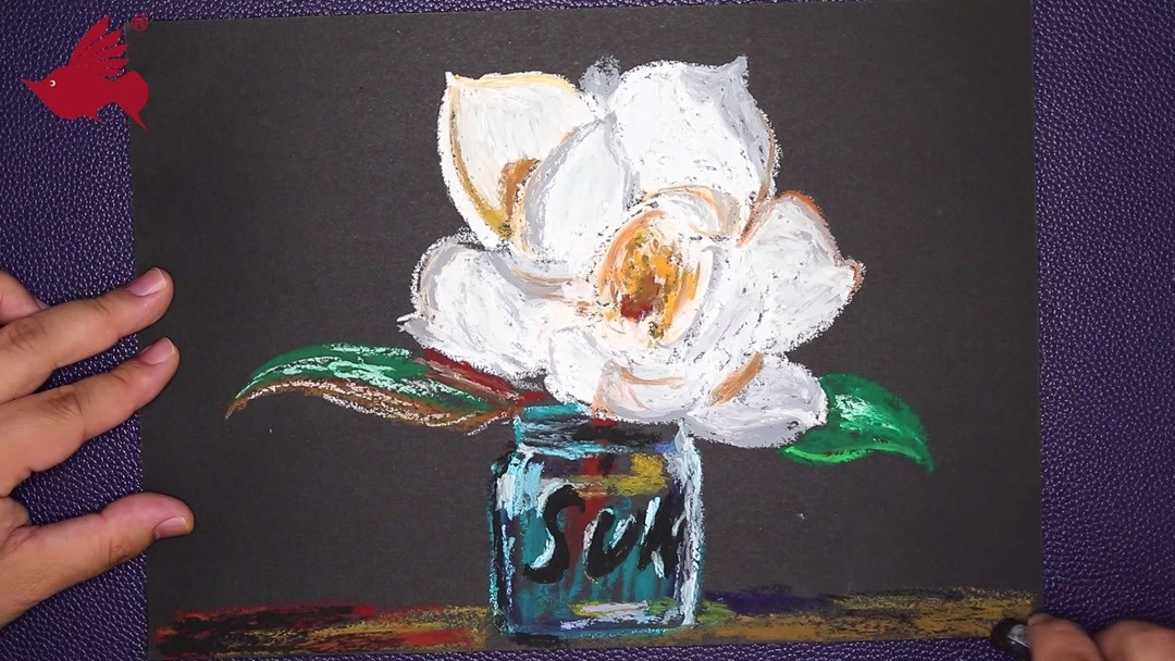 玻璃瓶中的茉莉花,油画棒呈现出油画般的效果,高鳍红剑作品