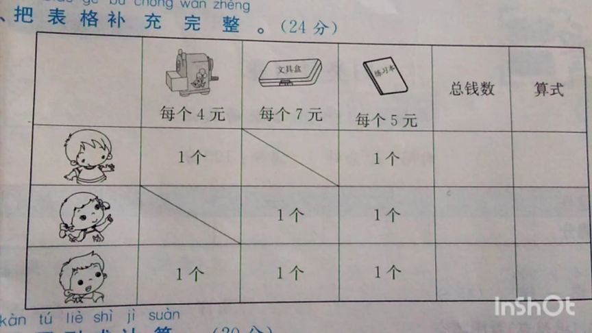 一年级数学:把表格补充完整(24分)全班只有学霸得分。