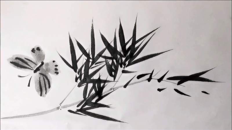 国画水墨风景画,竹子与蝴蝶