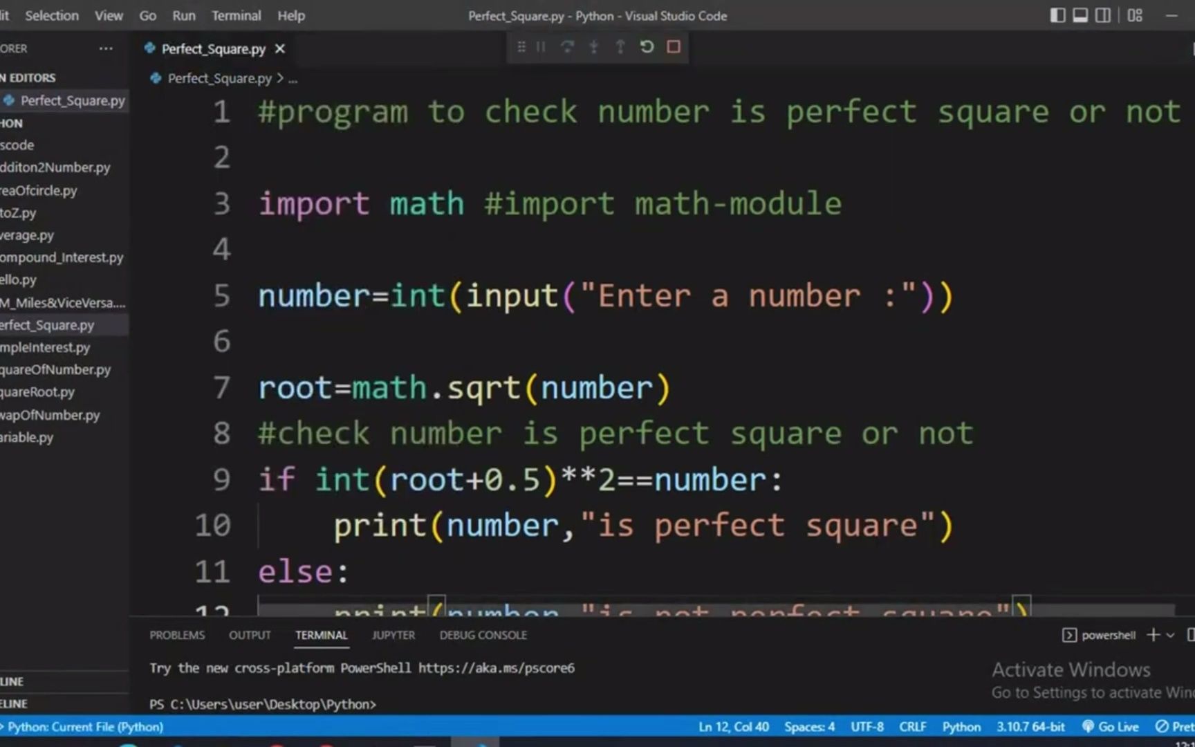 python随堂练习程序#12检查是否为完美正方形