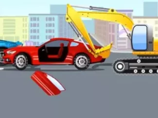 儿童工程车动画 挖掘机急转弯与赛车商务车的士激烈相撞, 损毁严重, ...