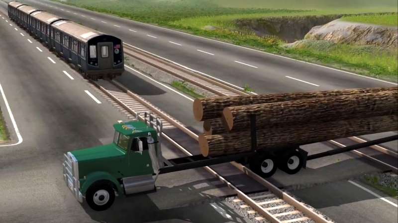 BeamNG:多节地铁车厢开足马力冲向木材大货车,模拟真实车祸