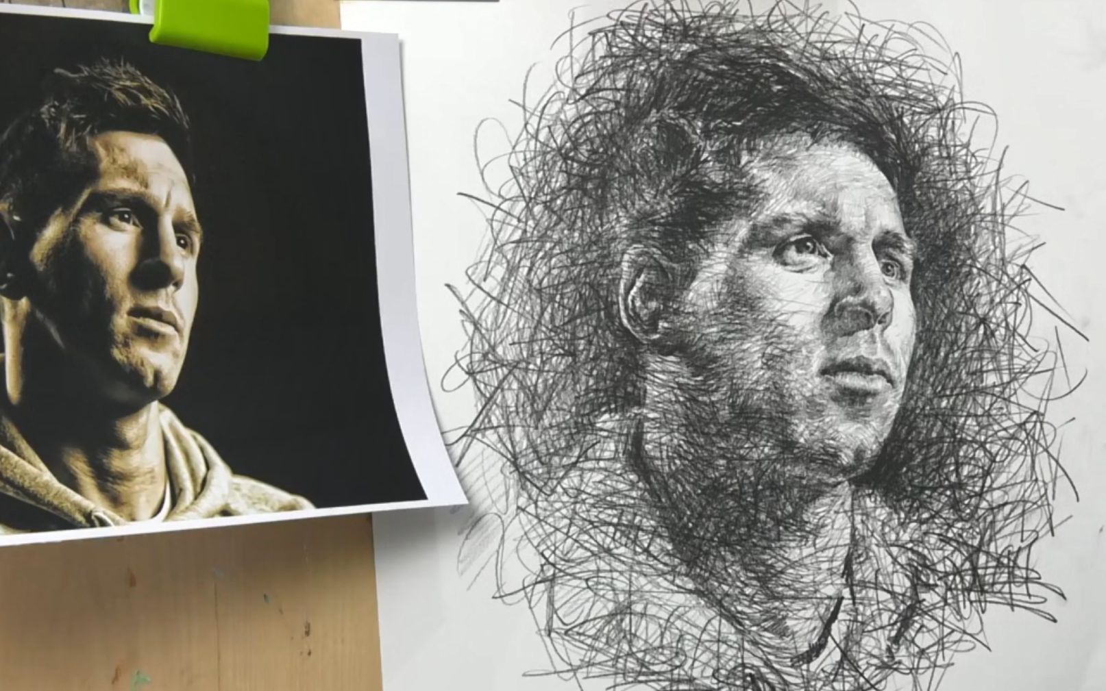 梅西击败C罗捧起第六座金球奖杯,爱足球的画室老师怒画梅西素描向...