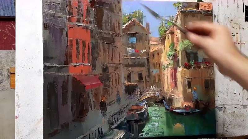 油画画水城建筑技法演示,刮刀技法很娴熟