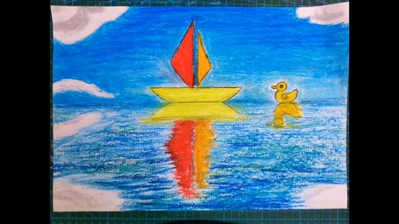 油画棒范画帆船与小黄鸭绘画教程